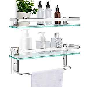 Suzile 2-Pcs Contemporary Bathroom Shelf, 15.7 x 4.72 inches, Floating Shelves with Towel Bar, Tempered Glass, Wall Mount, Set of 2