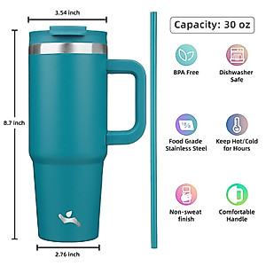 Konokyo 30 oz Tumbler with Handle and 2 Straws,2 in 1 Lid Insulated Water Bottle Stainless Steel Travel Coffee Mug,Blue