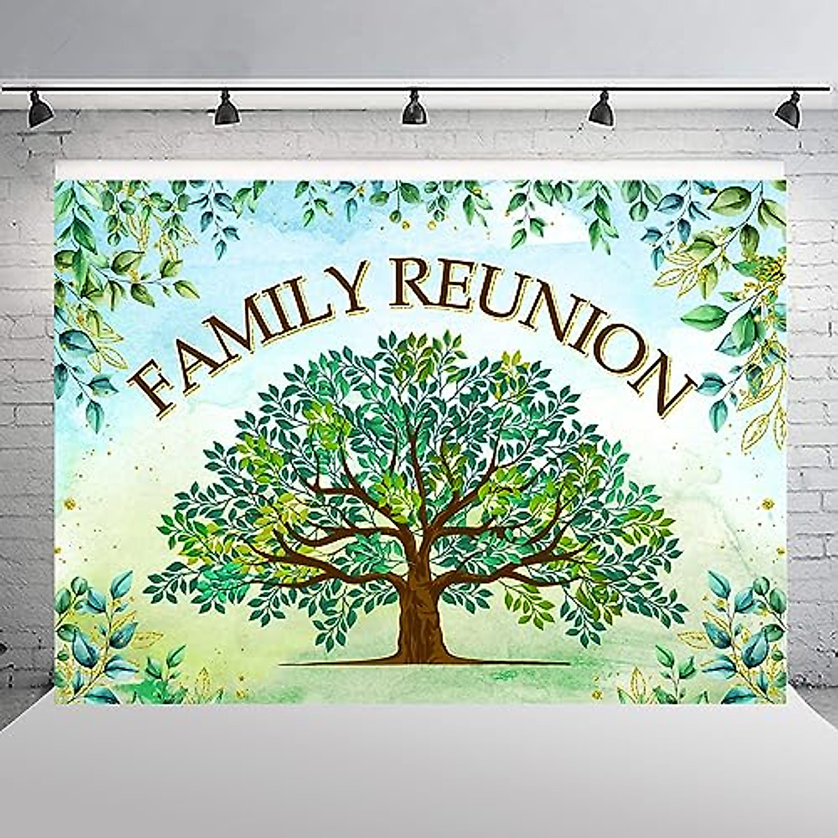 Wollmix Family Reunion Decorations Backdrop Banner Family Tree Leaves Members Welcome Signs Photography Background Gathering Gold and Green Supplies Photo Booth Banner Props 7x5ft