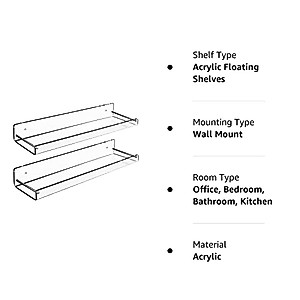 AMT 2 Pack Acrylic Floating Shelves, 15" L x 3.25" W, Clear Bathroom Wall Shelf, Bookshelves, Invisible Display for Office, Bedroom, Small Gap Allows Water to Escape, Free Screws & Drill Bit (Medium)