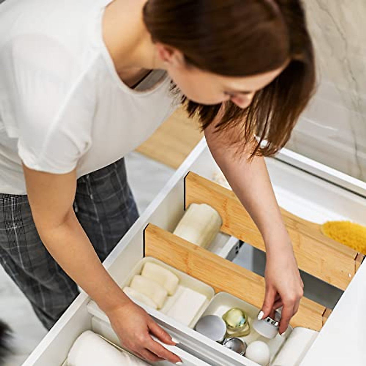 Sawysine 12 Pieces Bamboo Drawer Dividers Adjustable Drawer Organizers 2.4" High 17"-22" Spring Separators Organization Expandable Organizers for Kitchen Bedroom Bathroom Dresser Office