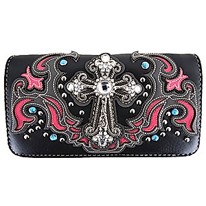 Western Style Rhinestone Cross Tote Concealed Carry Purse Laser Cut Handbag Women Shoulder Bag Wallet Set (Black/Fuchsia Set)