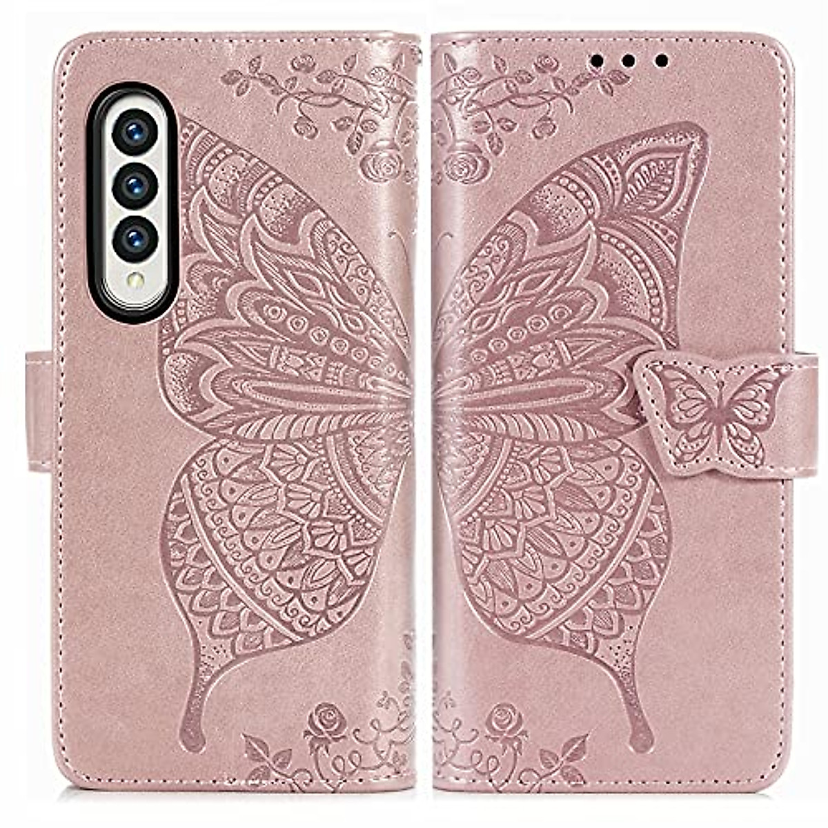ONV Wallet Case for Samsung Galaxy Z Fold 3 - Butterfly Embossed Leather Folio Case [Magnetic] [Card Slots] [Kickstand] [Wrist Strap] +TPU Shell for Samsung Galaxy Z Fold 3 [HZD] -Rosegold