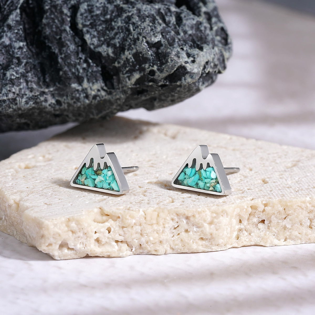 Lauren-Spencer Gemstone Mountain Stud Earrings for Women Small Green Turquoise Mountain Earrings Studs Stainless Steel Snow Mountain Range Earrings for Women Nature Jewelry Gift