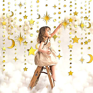Gold Star Moon Circle Dot Garland Party Decorations Kit Hanging Crescent and Twinkle Little Star Streamer Bunting Banner for Kids Room First Birthday Ramadan EID Mubarak Baby Shower Wedding Engagement