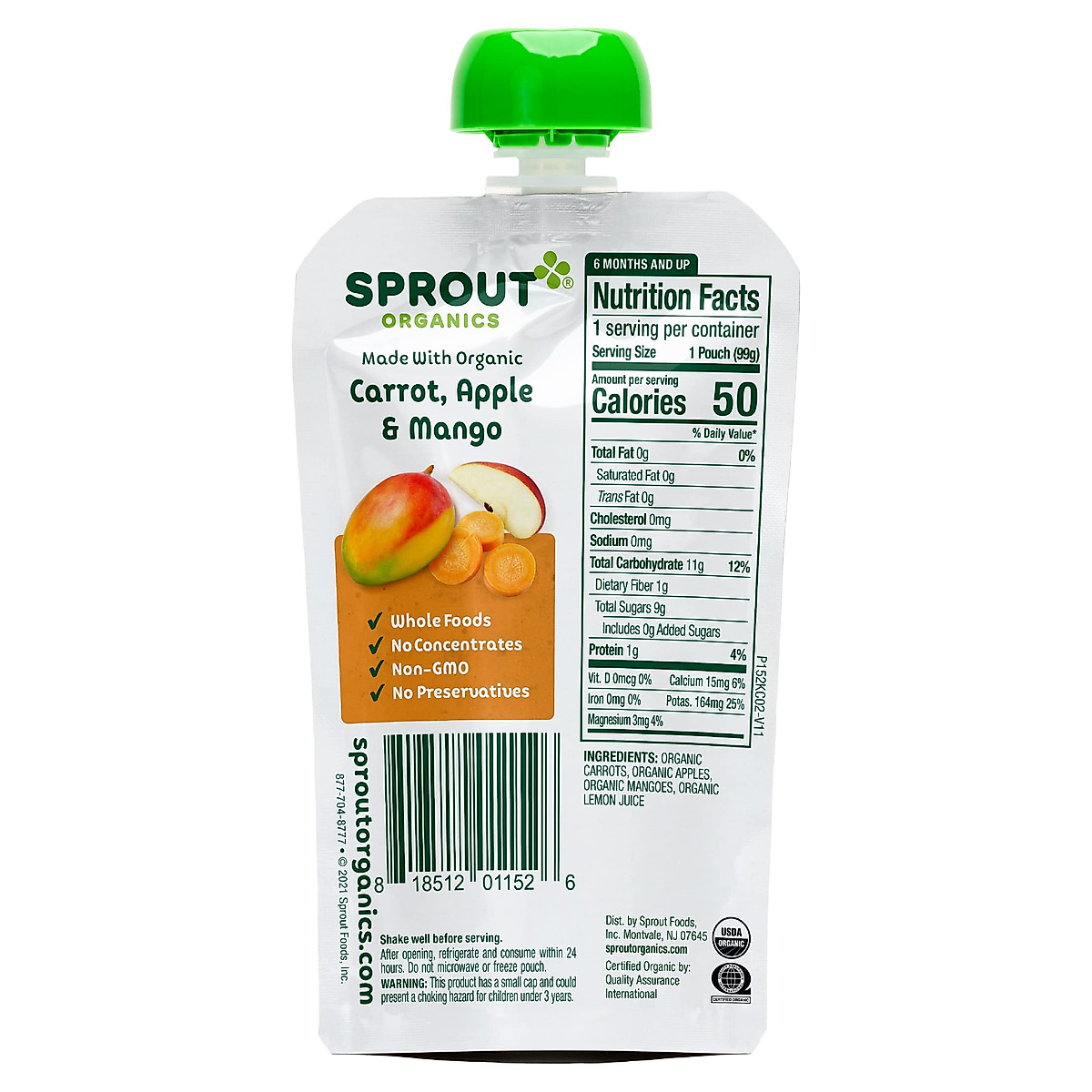 Sprout Organic Baby Food, Stage 2 Pouches, Fruit & Veggie Blend, Carrot Apple Mango, 3.5 Oz Purees (Pack of 12)