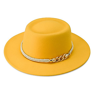 Lisianthus Women Wide Brim Fedora Hat with Belt Buckle Pork Pie Hat Yellow