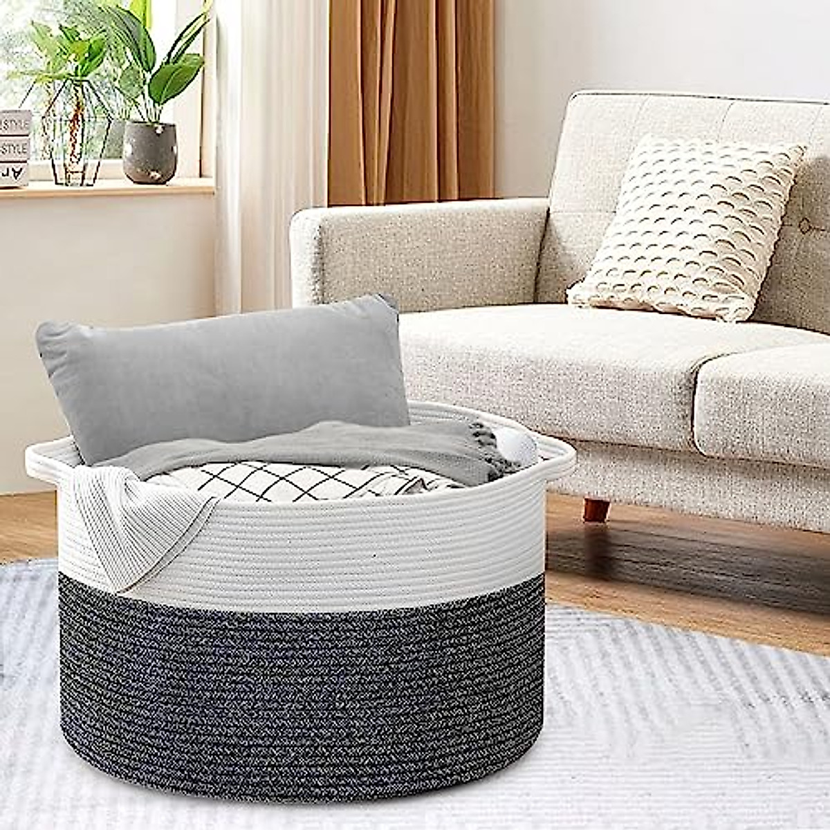 MEGASKET Extra Large Blanket Basket, 22" X 22" X 14" XXXL Blanket Storage Baskets for Living Room, Large Wicker Basket for Blankets, Woven Cotton Rope Basket, Throw Blankets Holder Organizer Bins