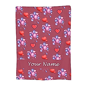 HJJKLLP Custom Throw Blanket with Your Name Text, Personalized Valentines Day Red Heart Fleece Blankets for Adult Kid Family Birthday Couple Father Mother Customized Gifts