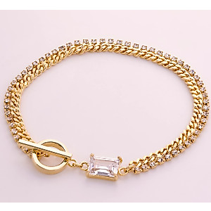 Teitze 18K Gold Plated Link Bracelets Zirconia Trendy Bracelet Dainty Chain Bracelet for Women Mother Gift (Emerald, Yellow Gold)