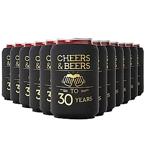 Cheers and Beers to 30 Years Can Coolers, 30th Birthday Party Coolies, Set of 12, Black and Gold Can Coolers, Perfect for Birthday Parties, Birthday Decorations…