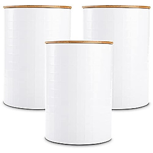 Fasmov 3 Pack Kitchen Canisters with Bamboo Lids, Perfect Coffee Tea Food Storage Candy Sugar Canisters, Modern Design Jar Kitchen Container, Airtight Metal Canister Set (White)