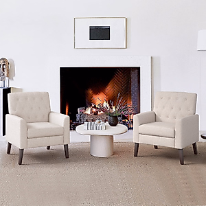 LUE BONA Linen Accent Chairs Set of 2 18.5" H, Comfy Living Room Chair with Arms, Upholstered Button Tufted Armchair, Modern Arm Chairs for Small Space, Living Room, Bedroom, Linen Color