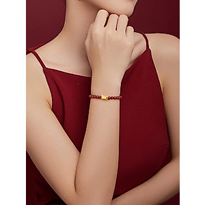 ZHOU LIU FU 24K Solid Gold Bracelets for Women, Real Pure Gold Pixiu Bracelet, Adjustable Red Agate Bead Bracelets with White or Green Nephrite Jade for Men Teen Girls