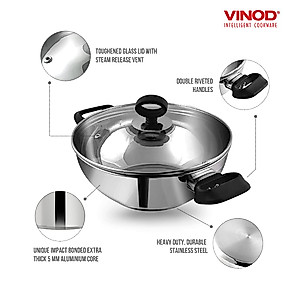 Vinod Deluxe Kadhai | Stainless Steel Wok | Tempered Glass Lid | Induction-Friendly| Sandwich Bottom | 20cm Capacity | 2 Liters(2.1 Quarts) |Multi-Use Pot| Suitable For Indian Cooking, Gravy, Stews