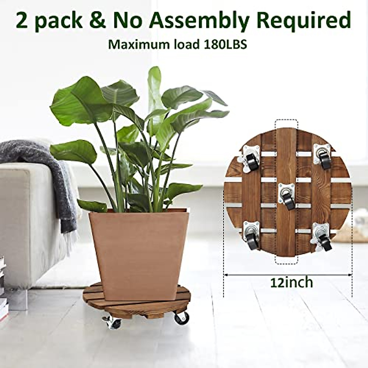 Yangbaga 2pack Plant Caddy 12’’Wood Duty Rolling Plant Stand with 2 360° Lockable Caster Wheels,Indoor Outdoor on Roller Patio/Flower Pot/Succulent Pots