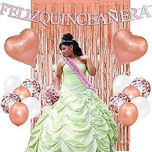 La Quinceañera Birthday Decorations (Mis Quince Anos Sash, "Feliz Quinceanera" Banner, Foil Rose Gold Curtains, Heart Balloons, Pink & White Balloons) 15th Birthday Party Supplies Photo Props