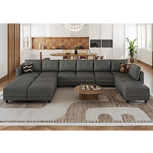 LLappuil Oversized Modular Sectional Sofa with Storage, U Shaped Sectional with Ottomans, 12 Seater Sleeper Couch for Living Room, Faux Leather Fabric Waterproof Sofa, 163 Inch Width, Dark Grey