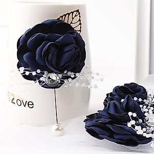 WANLIAN Wrist Corsage Rose Bridesmaid Wedding Flowers Prom Corsage And Boutonniere Set for Wedding Party Prom Groom Bridal (Navy blue)