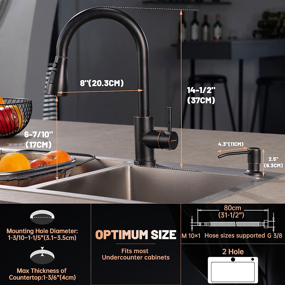 DAYONE Oil Rubbed Bronze Kitchen Faucet and Soap Dispenser, Bronze Kitchen Sink Faucet with Pull Down Sprayer, High Arch Single Handle Sink Faucet for Kitchen
