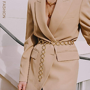 WHIPPY O-Ring Metal Waist Chain Belt Women Adjustable Body Link Belts Fashion Belly Jewelry for Jeans Dresses Gold L