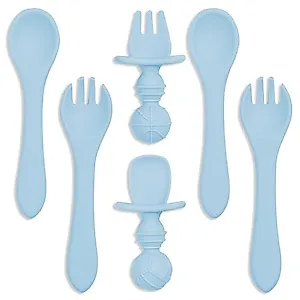 6-Piece Silicone Feeding Spoons and Fork for First Stage Baby, Infant Self-Feeding Utensils for Baby Led Weaning, Safety Tested | BPA Free | Microwave, Dishwasher and Freezer Safe