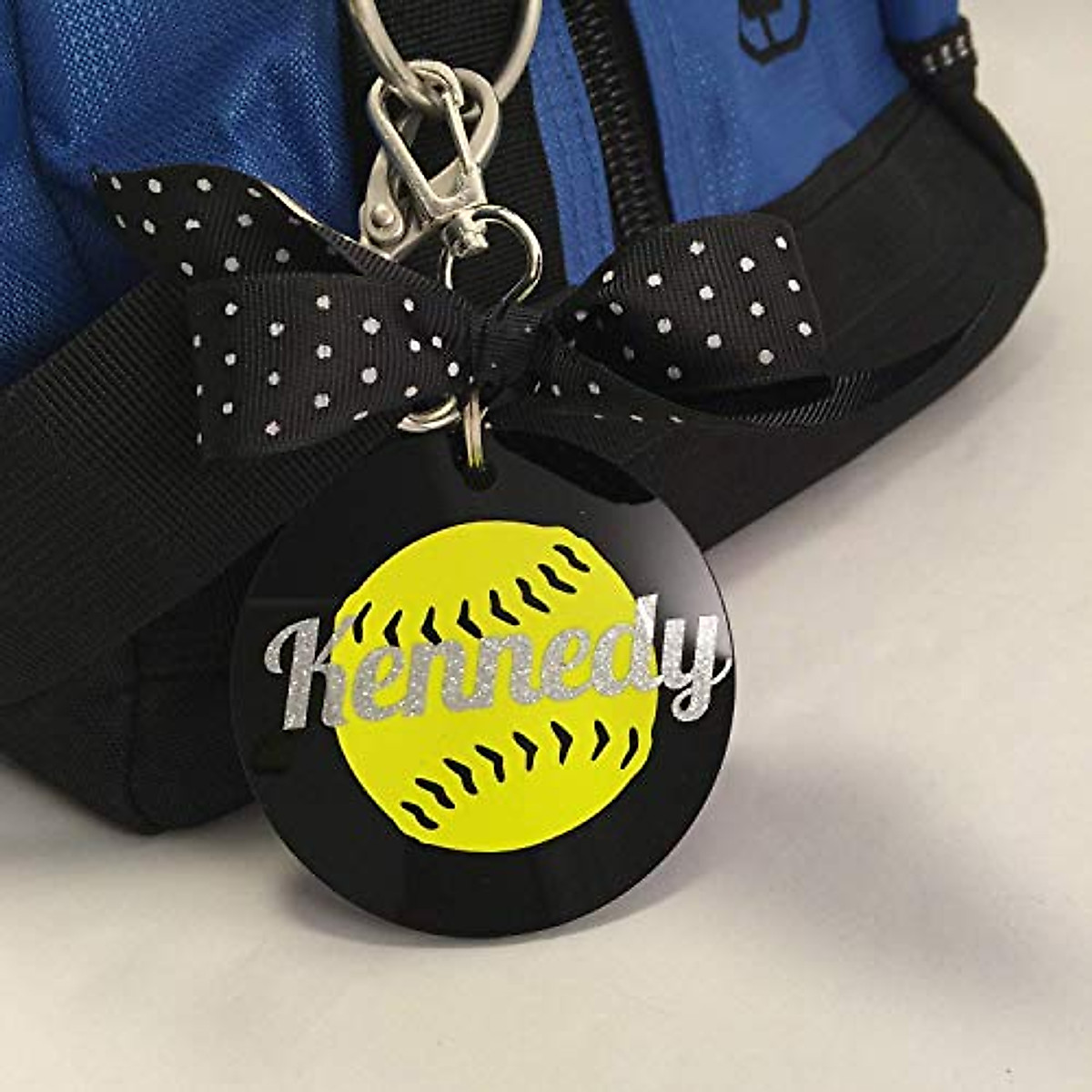 Softball Bag Tag on Black Acrylic Personalized with Your Name