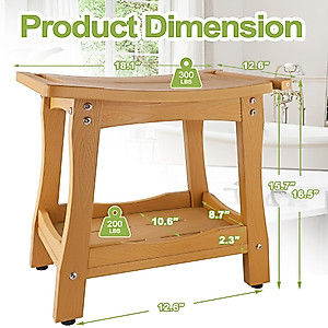 Y&M 2-Tier Bathroom Shower Bench with Waterproof Storage Shelf, HDPE Towel & Shower Head Shelves Curved Seat, Small Tub Chair for Shaving Legs Foot Stool, Bath, Spa, Indoor or Outdoor Use, Teak