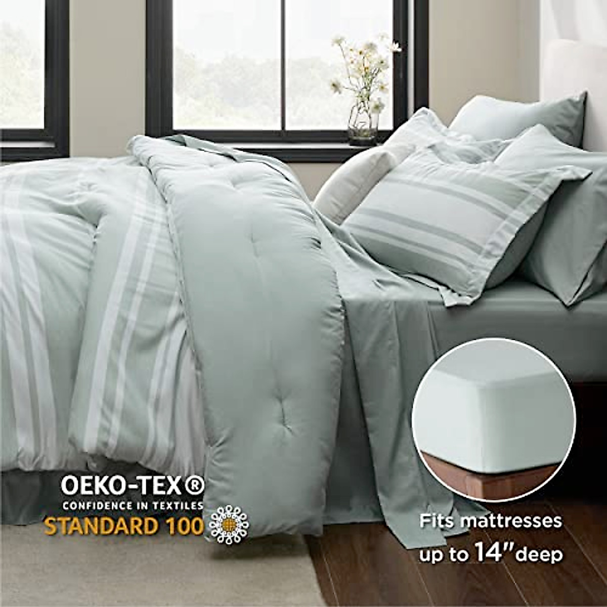 Bedsure Bed in a Bag Queen Size 7 Pieces, Sage Green White Striped Bedding Comforter Sets All Season Bed Set, 2 Pillow Shams, Flat Sheet, Fitted Sheet and 2 Pillowcases
