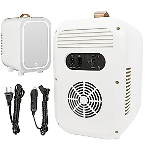 Cegsin Mini Fridge, 6 Liter/8 Cans Small Skincare Fridge with LED Mirror Door, AC/DC Portable Mini Refrigerator for Cosmetic & Makeup, Plug In Cooler and Warmer for Bedroom, Dorm, Office, Car(Beige)