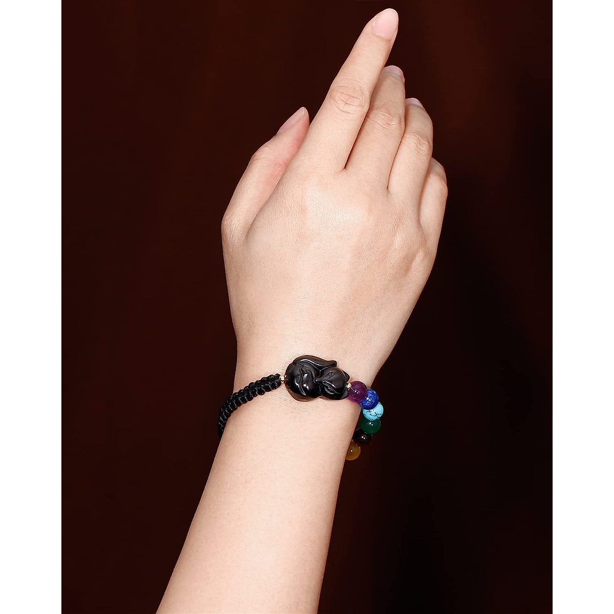 Jewever 7 Chakra Bracelet for Women Fox Black Obsidian Crystals and Gemstones Braided Rope Natural Stone Yoga Meditation Beads Bangle