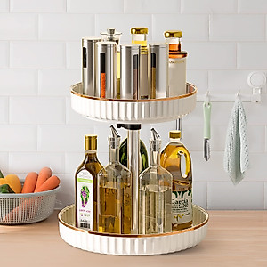Ceuku Lazy Susan Organizer 2 Tier Turntable Organizer Height Adjustable Rotating Spice Rack for Cabinet, Pantry, Kitchen, Cosmetic Table Non-Skid 12in White