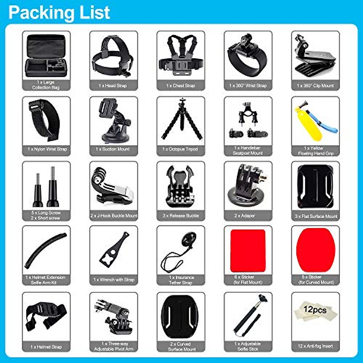 Appolab 61 in 1 Action Camera Accessories Kit for AKASO EK7000 GoPro Hero 11 10 9 8 7 6 5 4 Hero Session Gopro Max Insta360 Xiaomi Yi DJI AKASO Campark Action Camera (61 in 1)