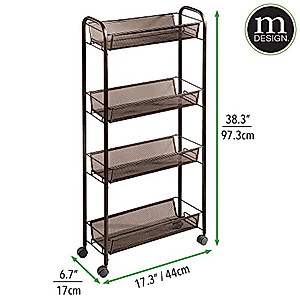 mDesign Slim Steel Metal Rolling Utility Cart Storage Organizer Trolley with 4 Basket Shelves for Laundry Room, Kitchen, Bathroom Organization - Narrow Holder for Detergent - Biro Collection, Bronze