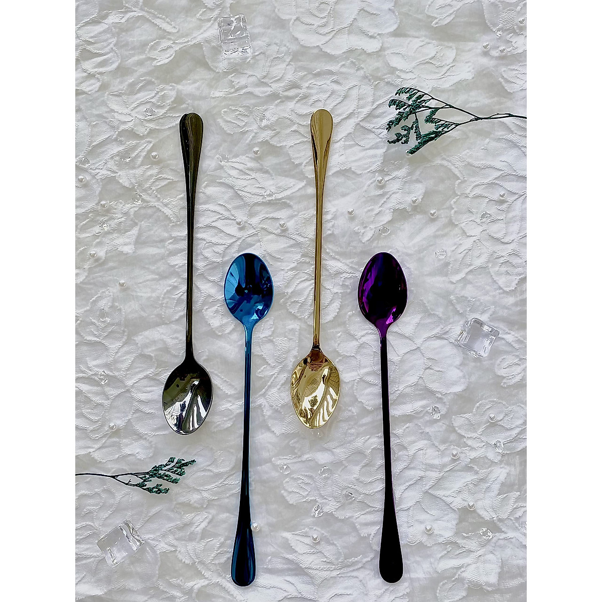 M.S. Long-handled ice tea spoon, cocktail stir spoons, stainless steel coffee spoons, ice cream scoop Set of 5(purple,7.68inch)