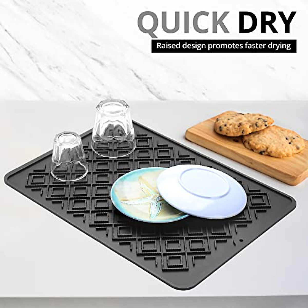 Tuffen Silicone Dish Drying Mat for Kitchen Counter, Heat Resistant Mat, Dish Drying Pad, Easy to Drain and Clean (Black, 16" x 20")