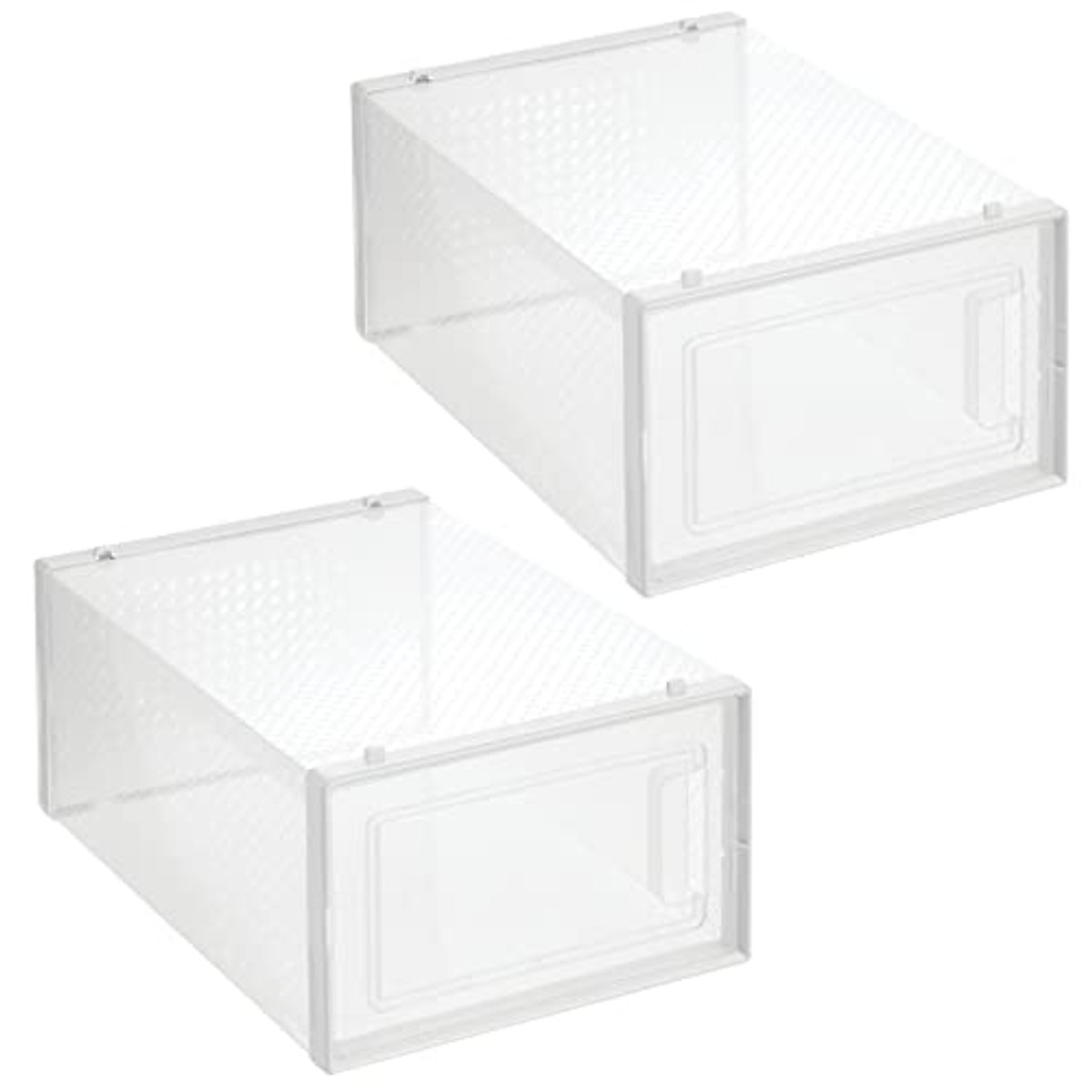 mDesign Stackable Plastic Closet Storage Box with Side Opening Panel- for Organizing Mens and Womens Shoes, Booties, Pumps, Sandals, Wedges, Flats, Heels, and Accessories, 2 Pack - White/Clear