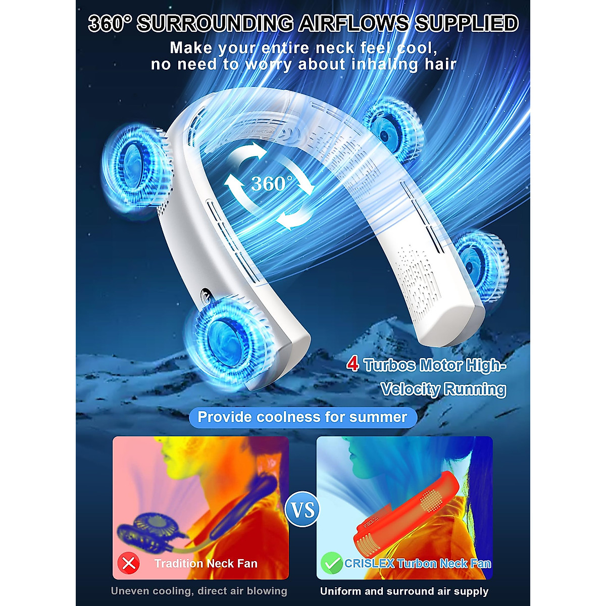 Portable Neck Fan Rechargeable 7000mAh, Bladeless 360° Airflow Cooling Neck Fan Cooler with Necksupport, Quiet Wearable Hands-Free Personal Fan, 4 Turbo, Display, Portable Fan for Hot Flashes/ Travel