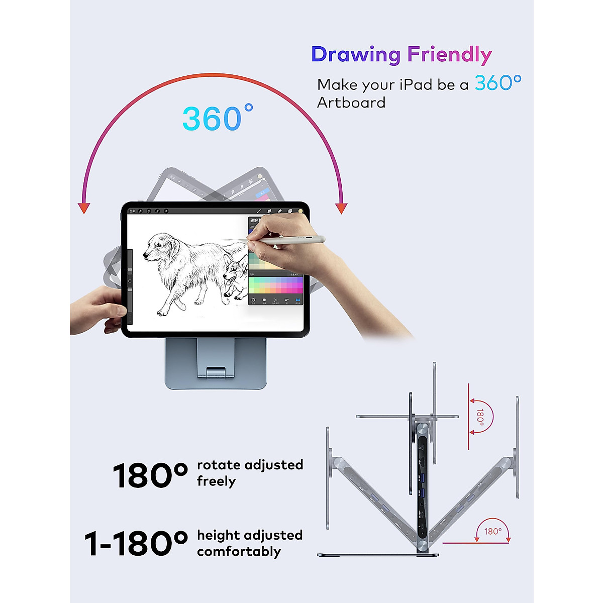 Magnetic Stand Hub for iPad Pro 11 inch, Aluminum Alloy iPad Stand for Desk with Docking Station, Adjustable Holder with 4K@60Hz HDMI, 100W PD, USB 3.0 and 180° Adjustable 360° Rotatable
