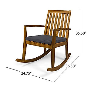 Great Deal Furniture Yvonne Patio Rocking Chair, Acacia Wood Frame, Traditional, Teak Finish with Dark Gray Cushions