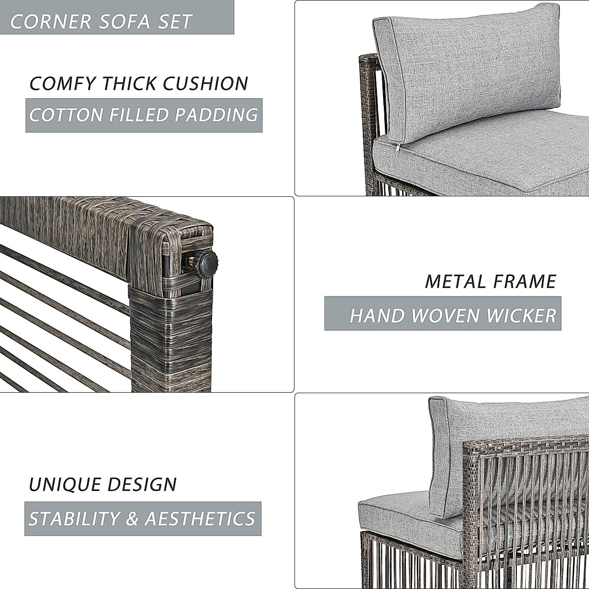 Festival Depot 3 Pieces Patio Conversation Set Sectional Corner Sofa Combination Outdoor Furniture All-Weather Wicker Metal Armless Chairs with Seating Back Cushions Garden Deck Poolside (Grey)