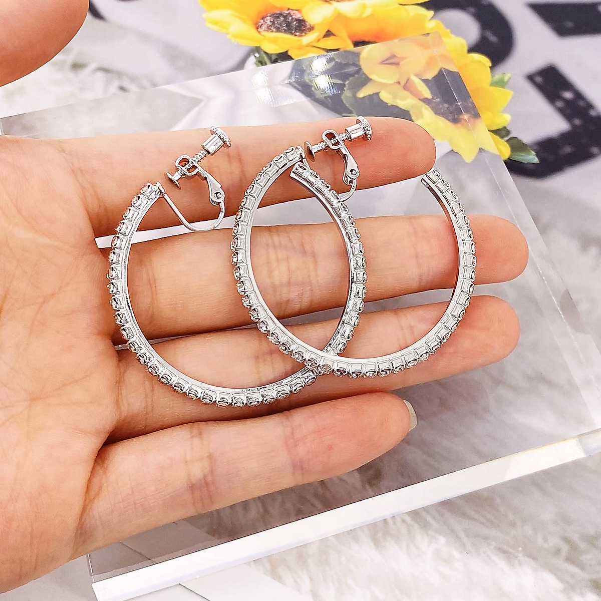 LAXPICOL Fashion Sparkly Austrian Circle Hoop Earrings Clip On Earrings For Women No Piercing Earrrings Silver Tone 1.6"*1.6"