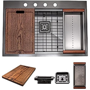 Strictly Sinks 33” Topmount Kitchen Workstation Sink-Gunmetal Black Single Bowl 16 Gauge Stainless Steel Drop In Sink, Acrylic Cutting Board,Cutting Board with Strainer Bowl & Bottom Protector Grid