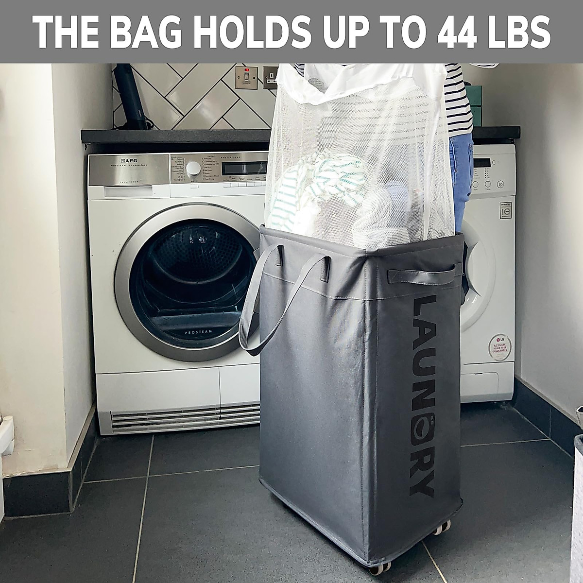 Goodpick Laundry Basket with Wheels, 75L Collapsible Laundry Hamper, Clothes Hamper with Removable Wash Bag for Laundry Room, Rolling Laundry Basket with Handles, Grey