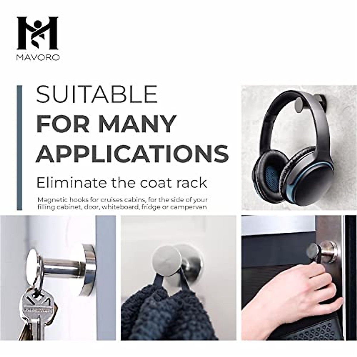 Mavoro Strong Magnetic Hooks for Hanging Coats and Bags. Set of 4 Black Magnet Hooks Heavy Duty Magnets, Neodymium 52 Rare Earth Magnets. Push Pin Style Magnet Hook for Refrigerator, Locker etc
