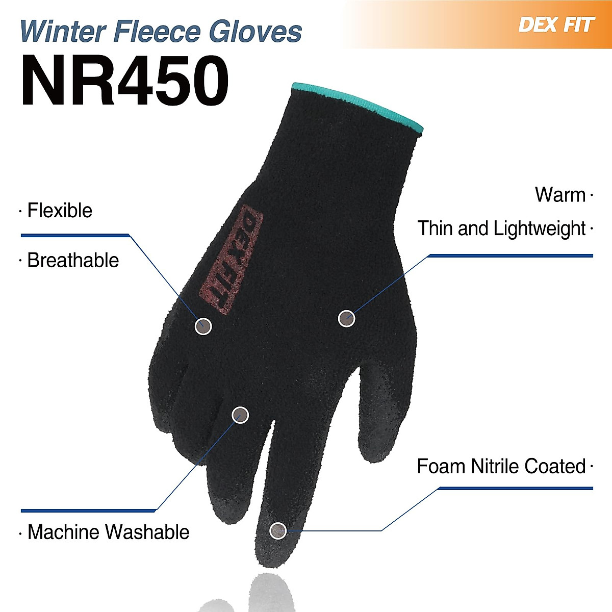 DEX FIT Work Gloves for Cold Weather NR450 - Warm Fleece, Firm Nitrile Coated Grip, Lightweight & Flexible, Ideal for Outdoor Winter Work, Men and Women, Machine Washable; Black 7 (S) 3 Pairs
