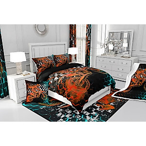 Feelyou Motocross Duvet Cover Set Black Orange Dirt Bike Rider Blue Orange Honeycomb Bedding Set Boys Racing Grid Comforter Cover Fashion Motorcycle Silhouette Quilt Cover Room 2Pcs Twin Size,Zipper