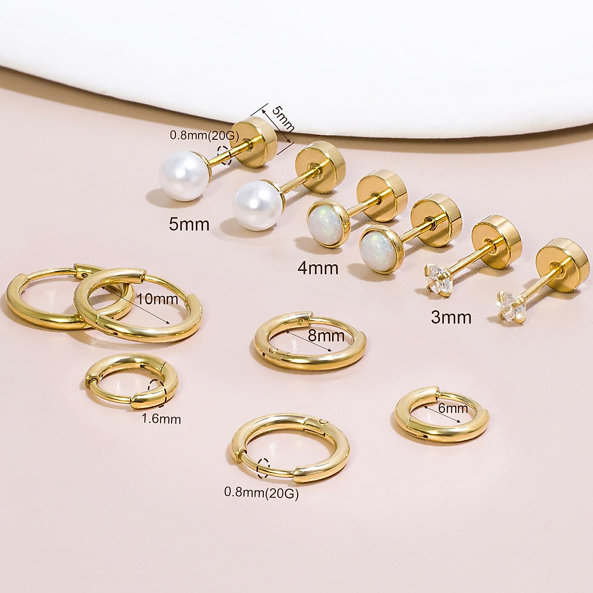 6 Pairs Gold Hoop Earrings Set, Opal/Pearl/Cubic Zirconia Stud Earrings for Sensitive Ears Hypoallergenic Small Huggie Hoop Earrings for Women Flat Back Earrings for Cartilage Helix Multiple Piercing