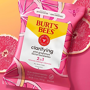 Burt's Bees Clarifying Facial Towelettes With Pink Grapefruit, Pre-Moistened Towelettes for All Skin Types, 99 Percent Natural Origin Skin Care, 30 ct. Package
