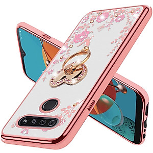 LG K51 Phone Case for Women, LG Q51 Case Glitter Crystal Butterfly Heart Floral Cute for Girls and Women Lovely Bow Love with Ring Stand Slim Soft TPU Protective Cover Case for LG K51/LG Q51-Rose Gold